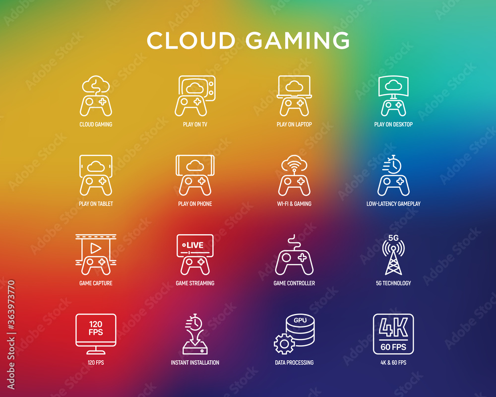 Cloud gaming thin line icons set: play on laptop, 120 FPS, low-latency ...