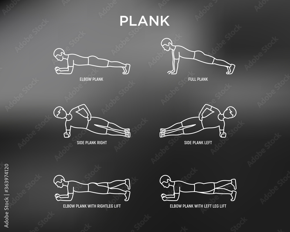 Full plank, side plank and man in elbow plank with leg lift. Thin line ...