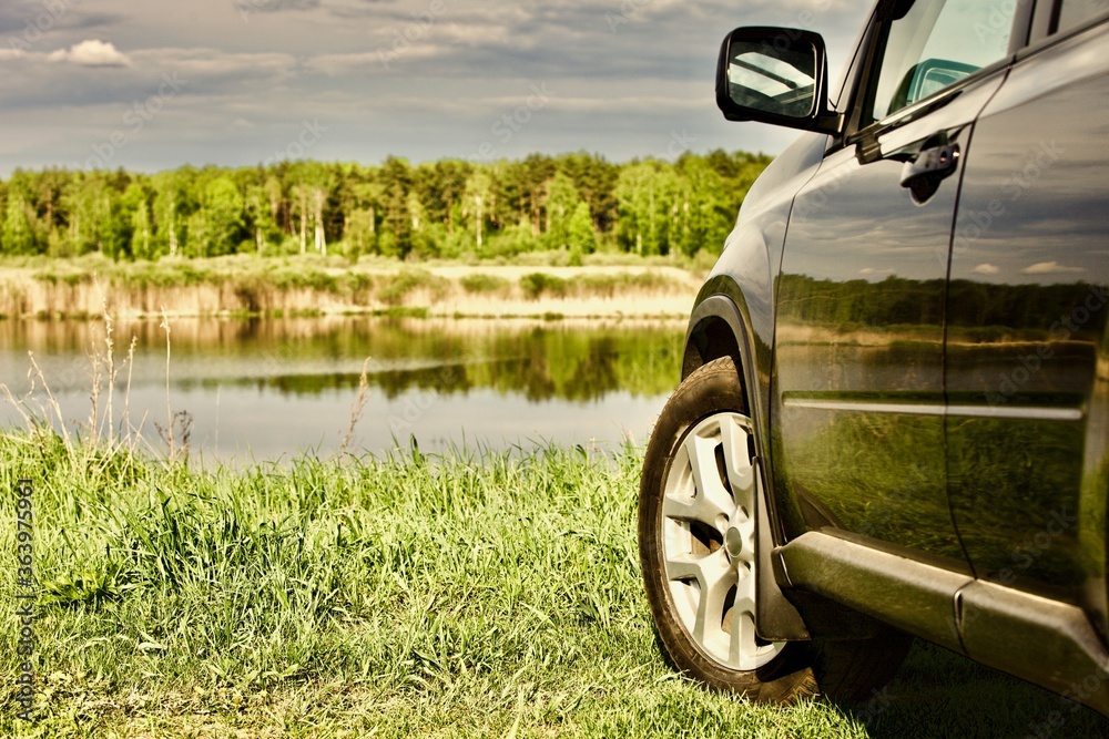 Off road trip by car through dirt roads in the countryside. Car ride ...