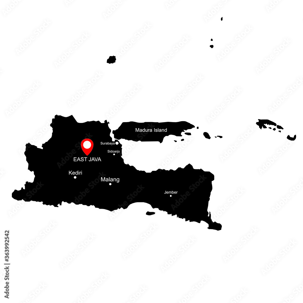 Black and white maps of East Java in Java Island with location icon ...