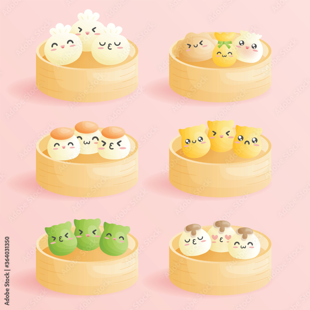 Cute Cartoon Dim Sum Traditional Chinese Dumplings With Emoticon