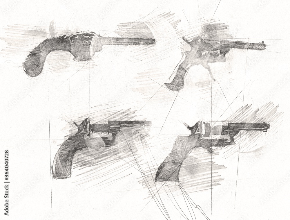 Revolver, hand drawn vintage gun illustration. Engraving style old ...