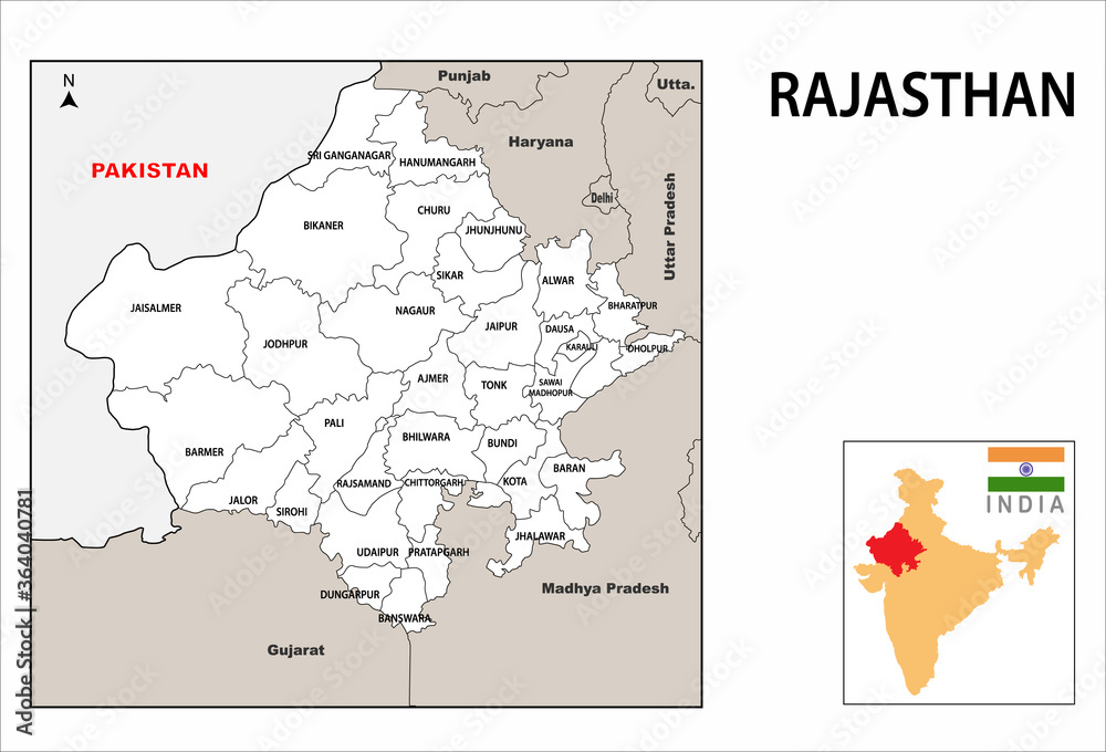 Rajasthan map. Political and administrative map of Rajasthan with ...