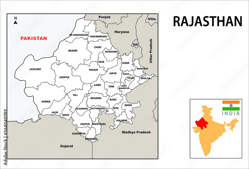 Rajasthan map. Political and administrative map of Rajasthan with ...