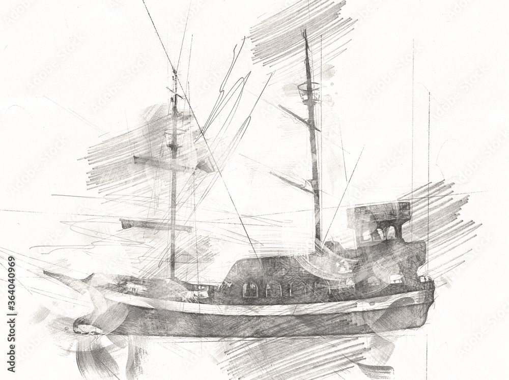 Pirate ship sailing on the sea illustration art drawing sketch vintage ...