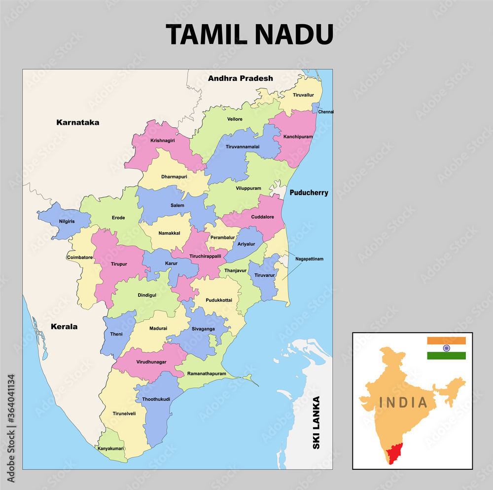 Tamil nadu map. District ways map of tamil nadu with name. Vector ...