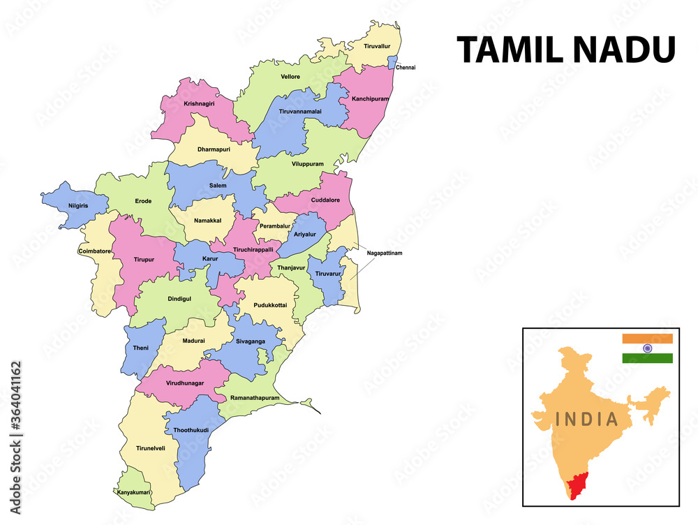 Plakat Tamil nadu map. District ways map of tamil nadu with name ...