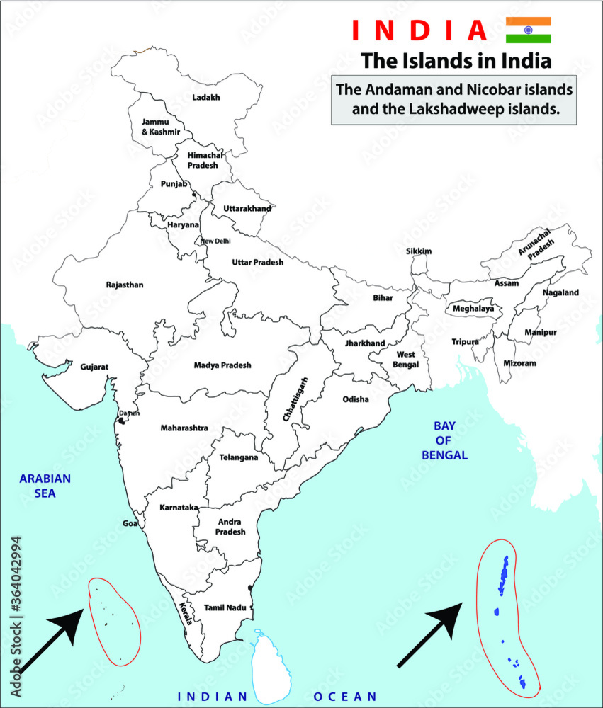 Islands in India map. Political Map of India. Black and white Outline ...