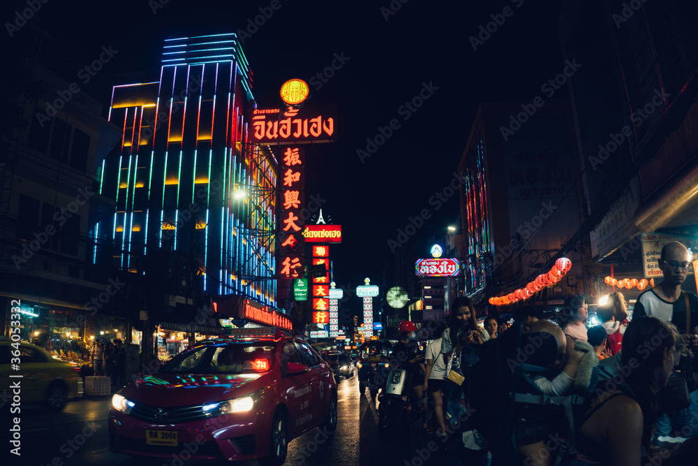 CHINATOWN, BANGKOK, THAILAND - 19 FEB 2019 - Neon light signs and cars on Yaowarat road at night ...