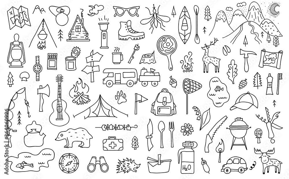 Set of outline camping theme elements. Symbols of tourism and outdoor ...