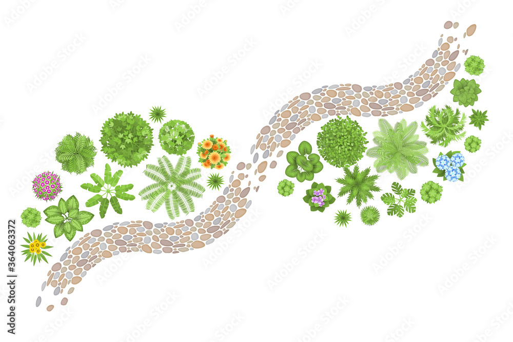Landscape design. Top view. Path, trees and flowers. View from above ...