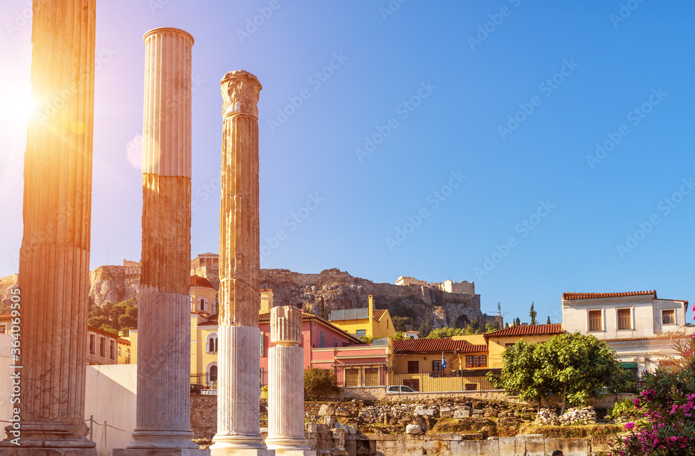 Hadrian`s Library in sunlight, Acropolis in distance, Athens, Greece ...
