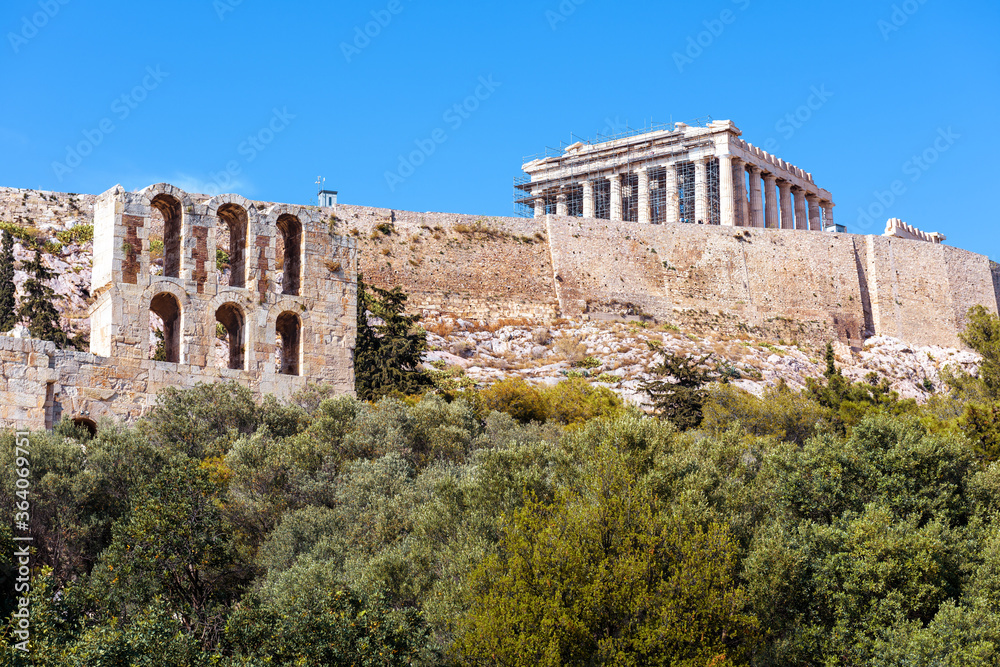 Acropolis hill and Parthenon temple in summer, Athens, Greece. Famous ...