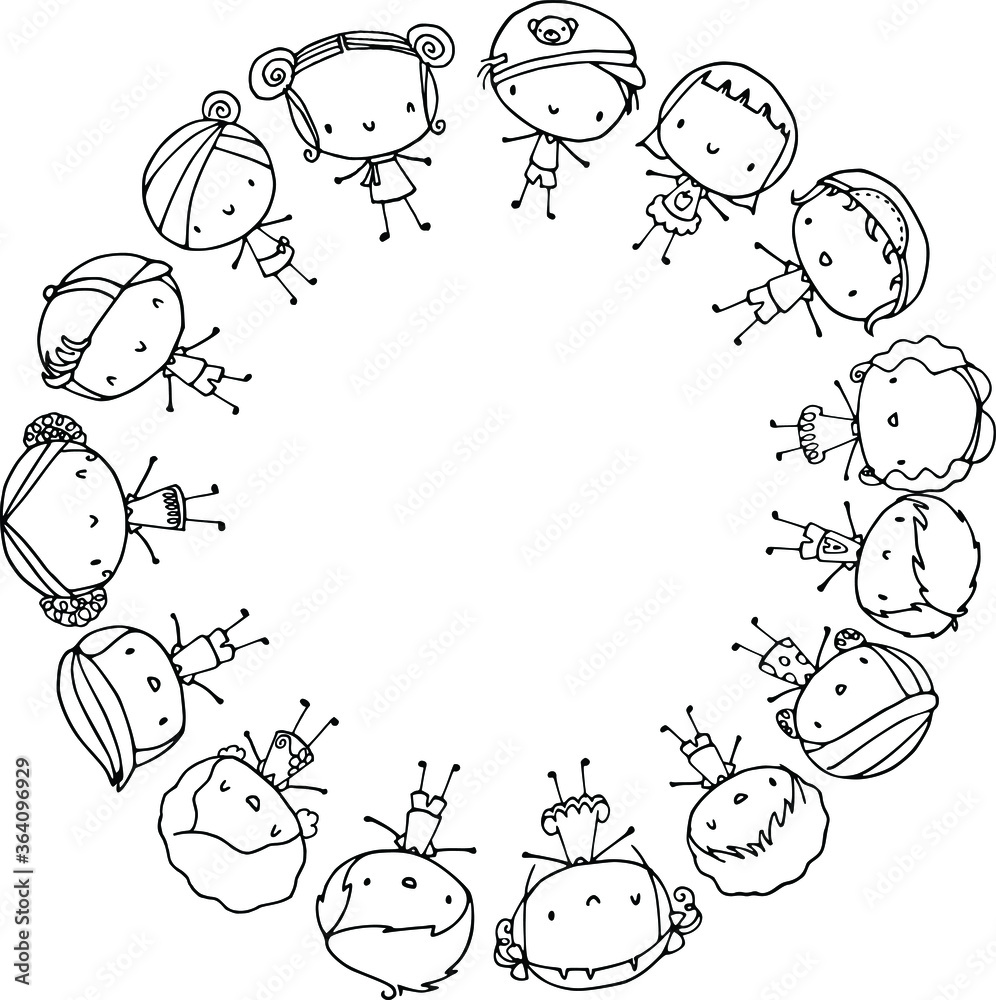 vector drawing cartoon kids set with round border Stock Vector | Adobe ...