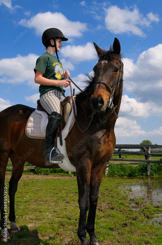 Teenage girl resting her thoroughbred horse in a corral after a trail ...