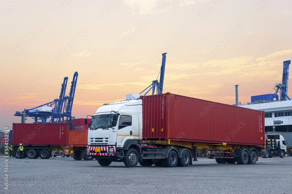 Container red truck in ship port Logistics.Transportation industry in ...