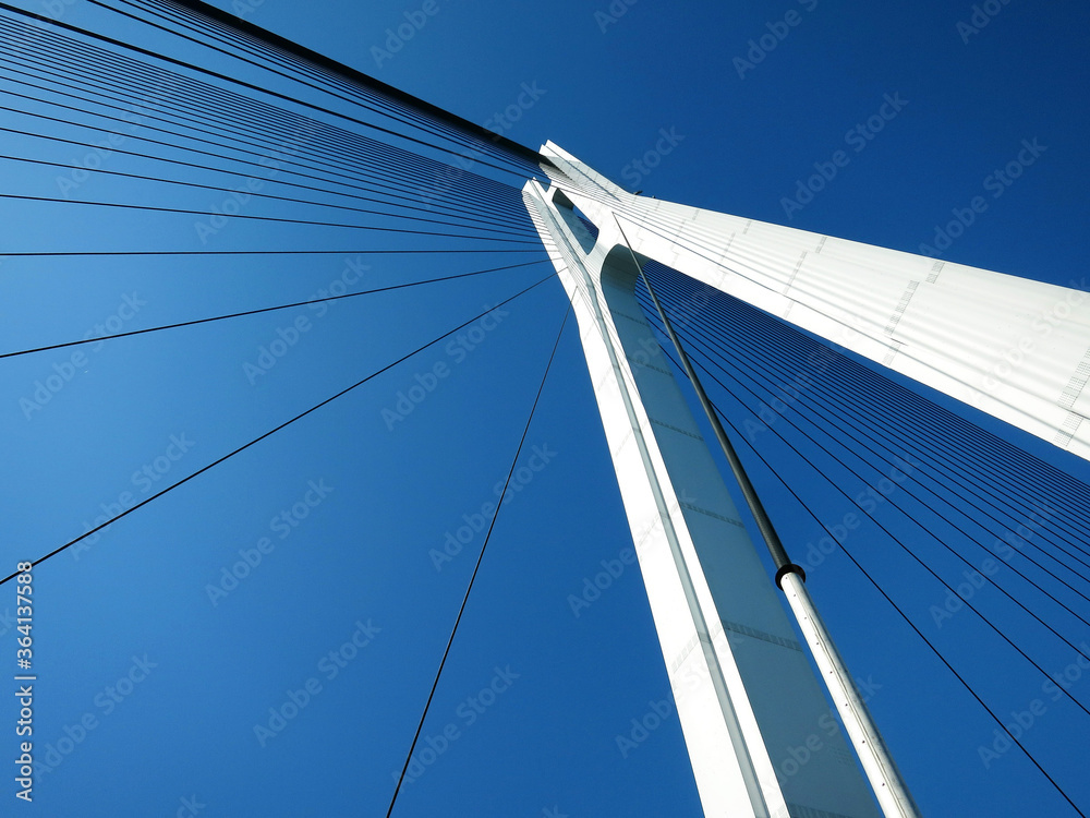 Bridge tower of the Tatara Bridge (多々羅大橋, Tatara Ohashi) above Seto ...