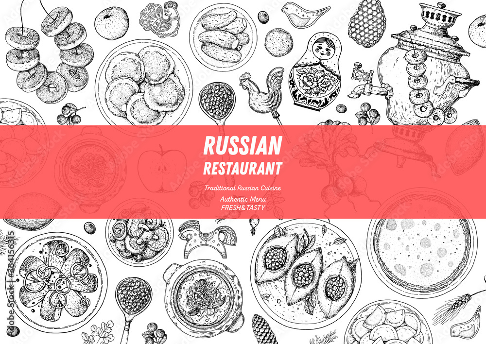 Russian cuisine top view frame. Food menu design elements. Traditional ...