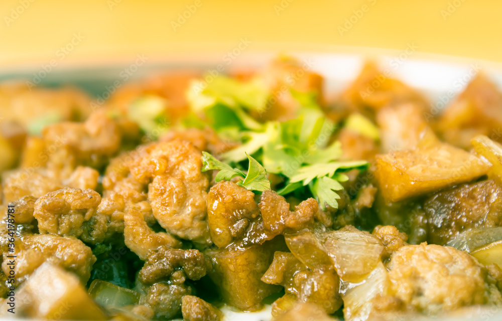 Stir Fried Pork with Onion and Garlic and Black Soy Sauce and Coriander ...