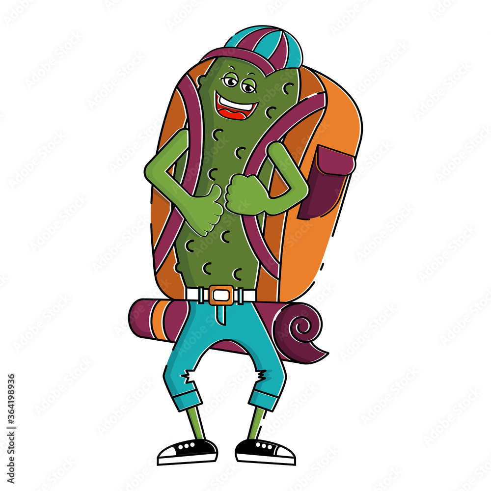 Anthropomorphic cucumber goes on hiking trip with large backpack to ...
