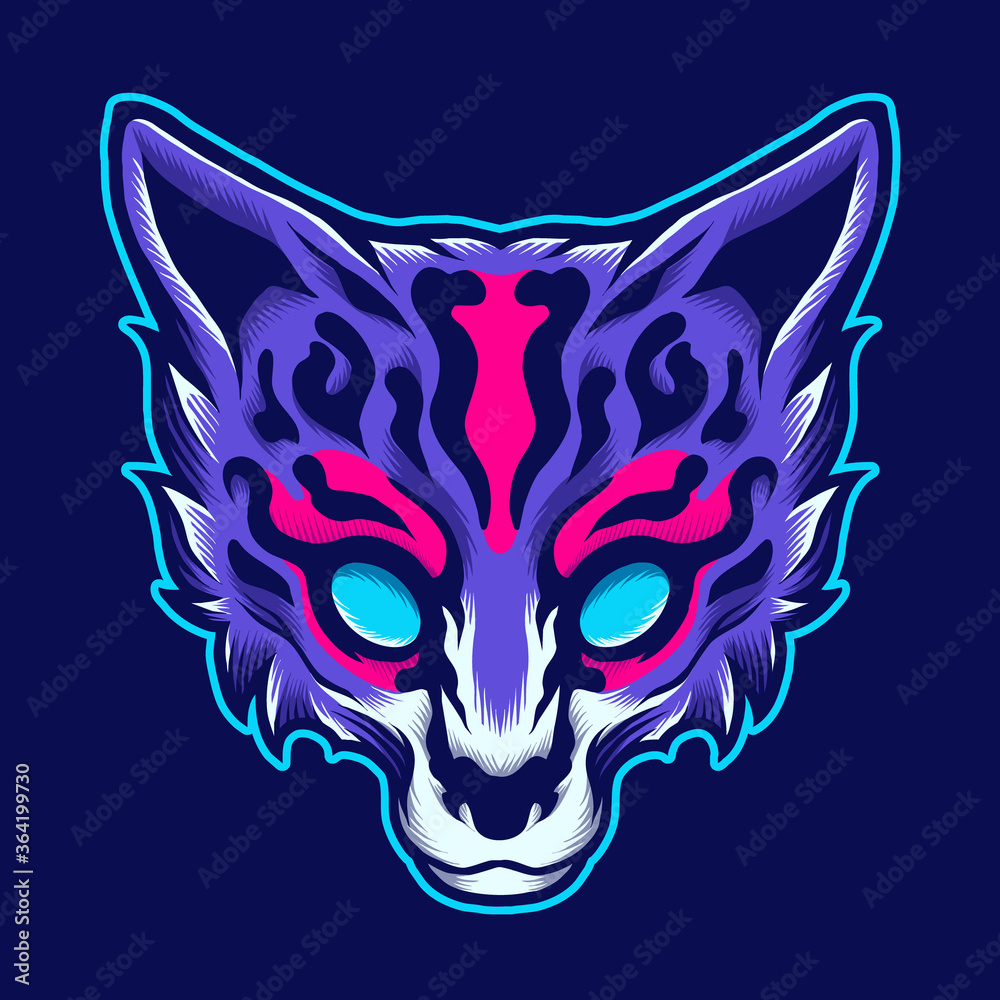 Vector illustration of Awesome Japanese Fox Purple Pink Head with a ...