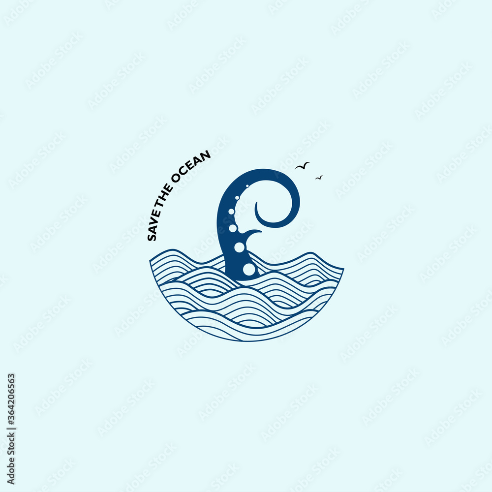 Save the ocean logo vector with tentacle octopus and wave illustration ...