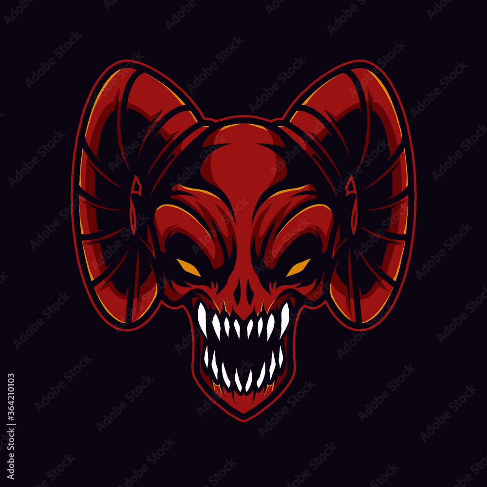 Vector illustration of Creepy Red Devil Demon with Horn and sharp teeth ...