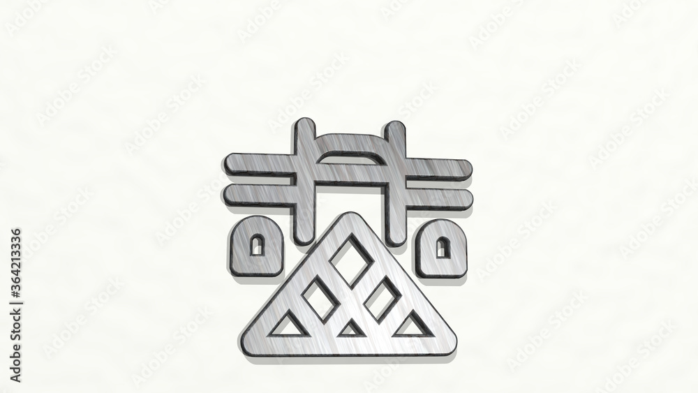landmark louvre on the wall. 3D illustration of metallic sculpture over ...
