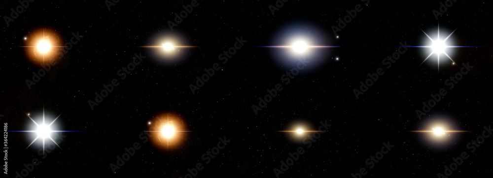 stars in the sky, stars in comparison, various glows of stars, collage ...