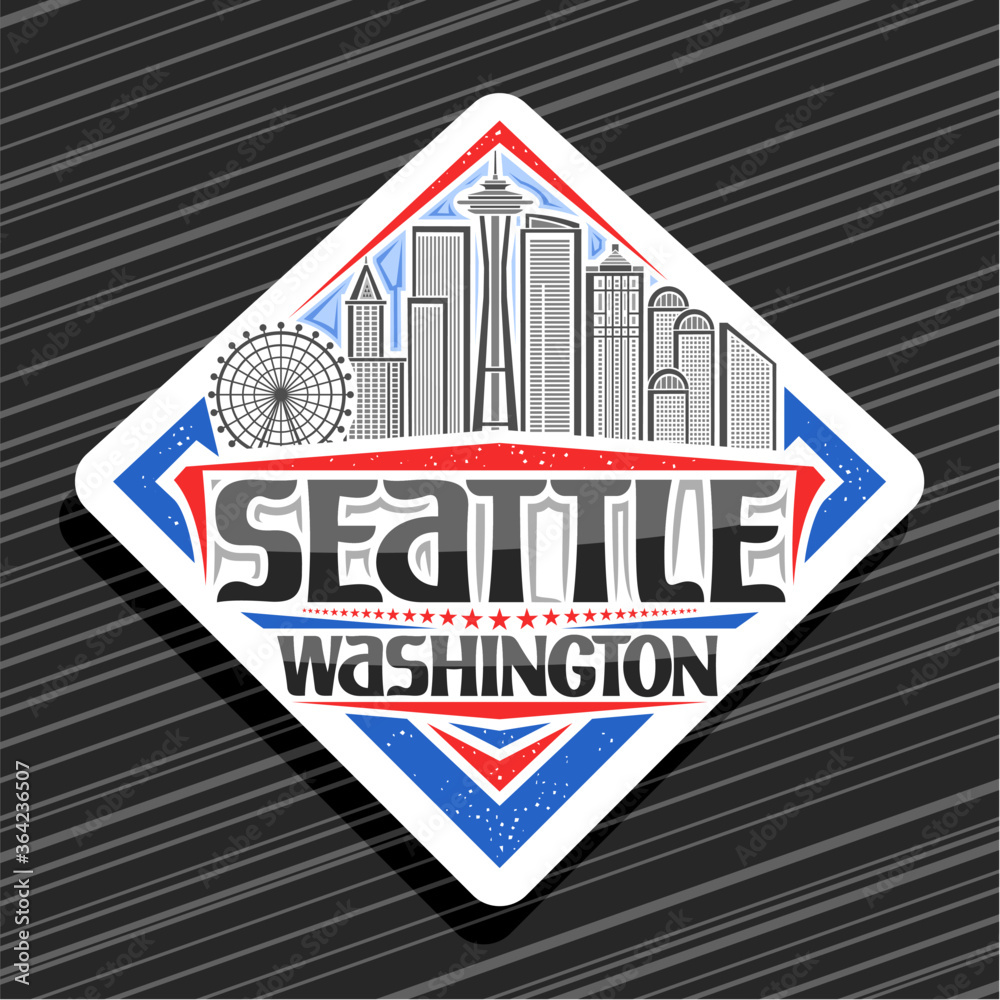 Vector logo for Seattle, white road sign with illustration of famous ...