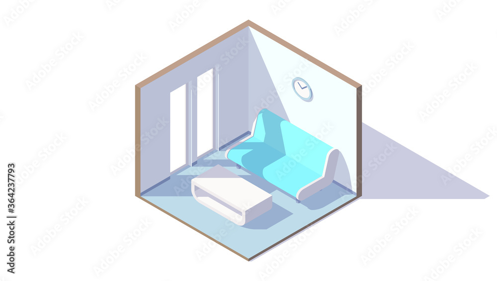 isometric low poly light living room interior, sofa, coffee table ...