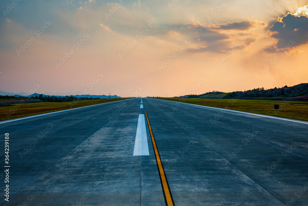 Runway, airstrip in the airport terminal with marking on blue sky with ...