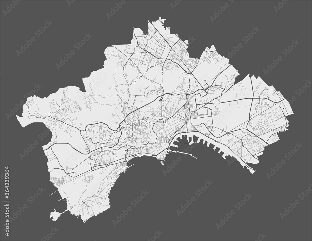 Naples map. Detailed map of Naples city poster with streets, water ...