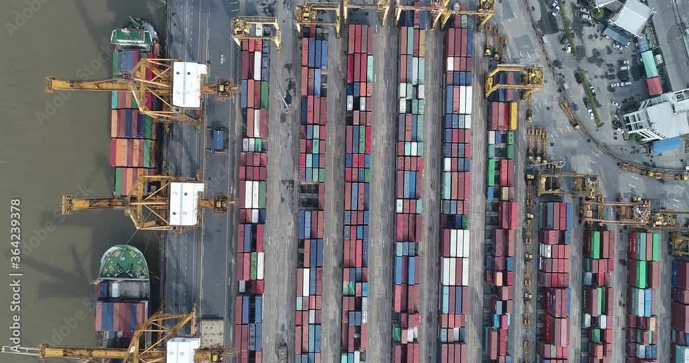 Aerial top view container ship with crane bridge for load container ...