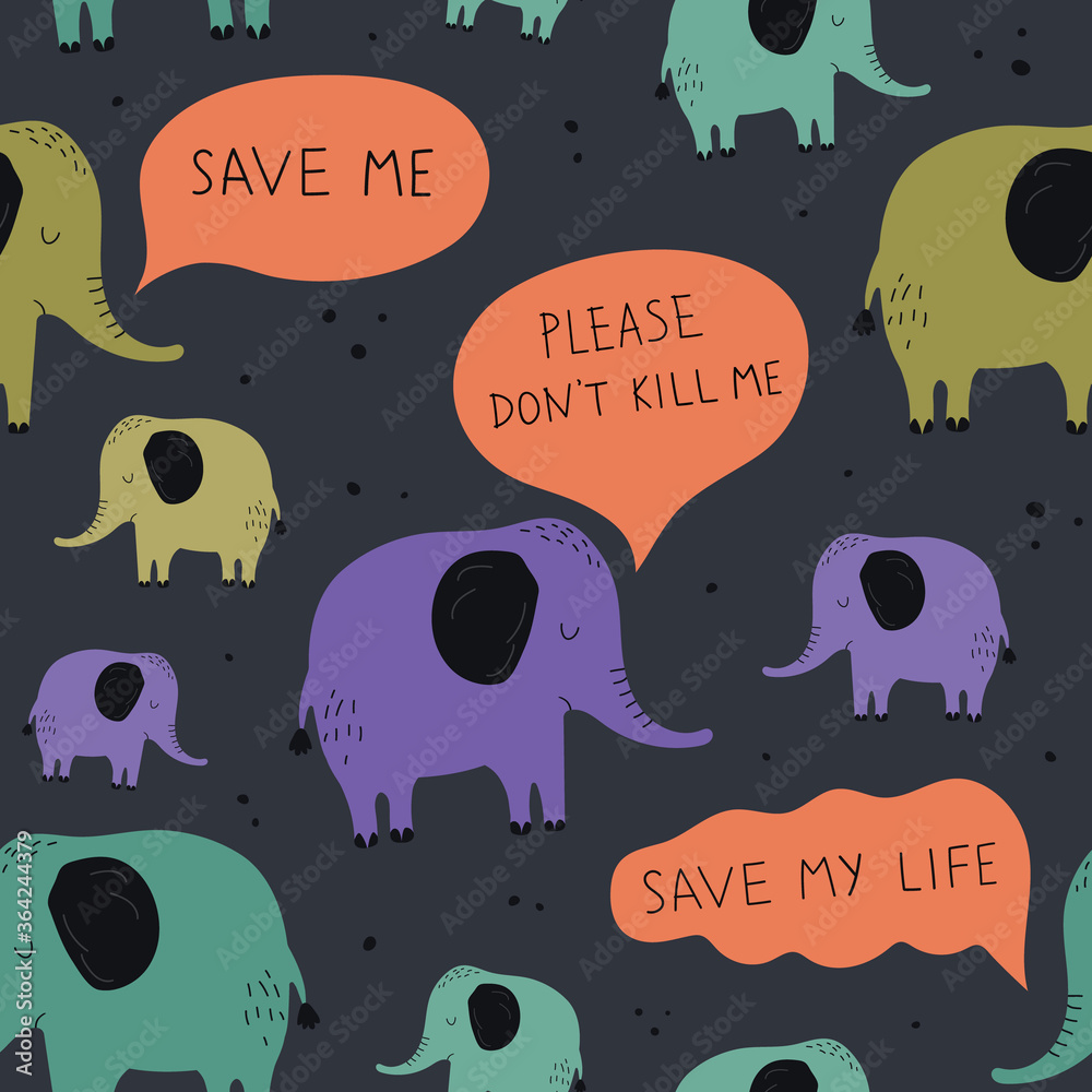 Poaching and animal abuse concept. Seamless pattern with Elephants ...