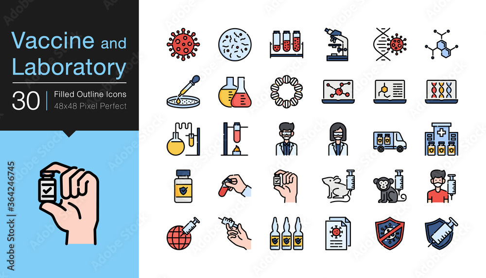 Vaccine and Laboratory icons. Filled outline design. For presentation ...