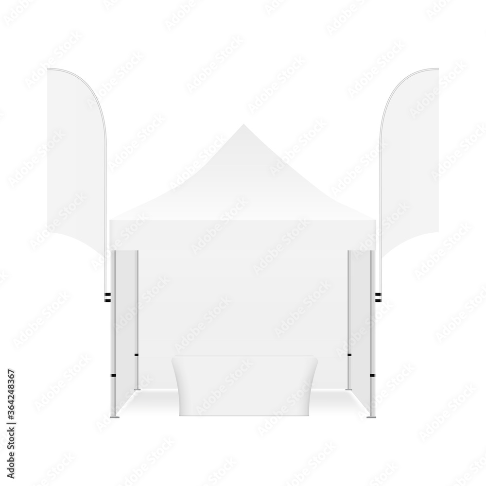 Marquee tent for events with demonstration table and two feather flags ...