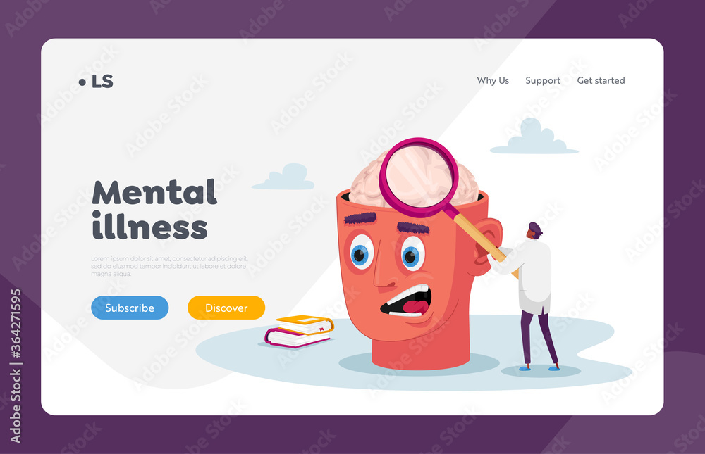 Psychiatric Clinic Landing Page Template. Tiny Doctor Character with ...