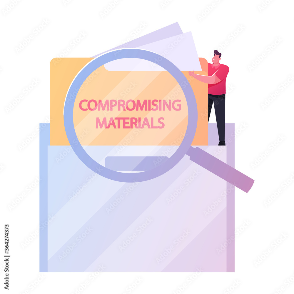 Compromising Material Concept. Tiny Male Character with Magnifying ...