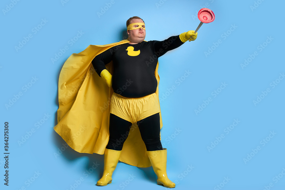 let's save the planet from dirt portrait of cleaning fat man in yellow ...