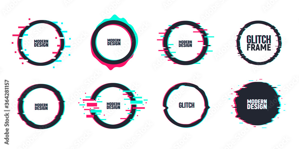 Vector set of geometric circle frames in distorted glitch style. Set of ...