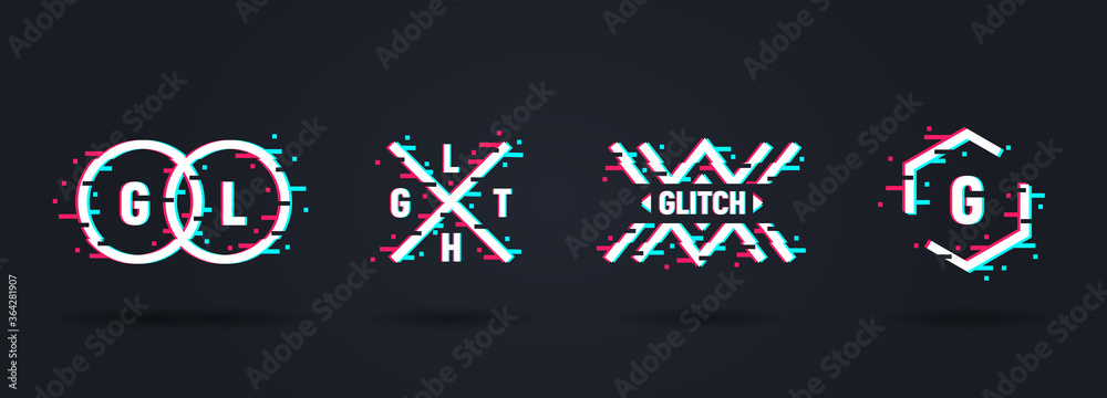 Vector set of logo in distorted glitch style. Geometrical shapes frames ...