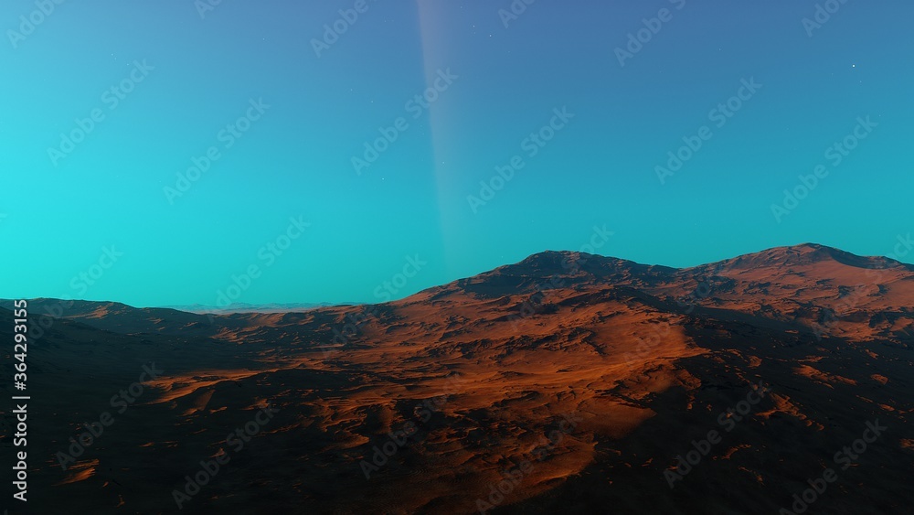 realistic surface of an alien planet, view from the surface of an exo ...