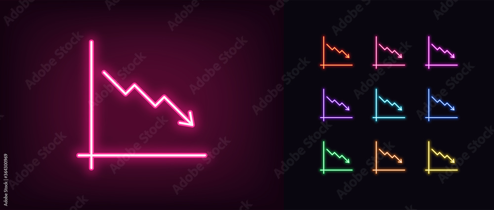 Neon downfall chart icon. Glowing neon drop chart sign, down arrow ...