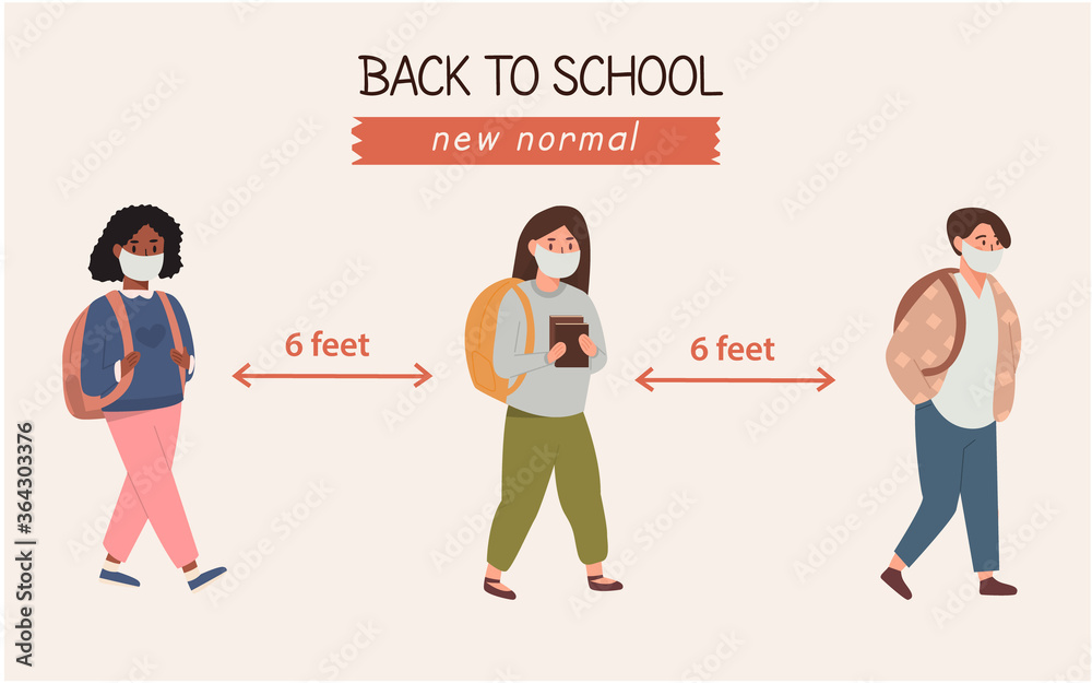 Banner group of modern kids different race in protective masks with ...