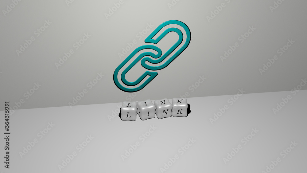 3D illustration of link graphics and text made by metallic dice letters ...