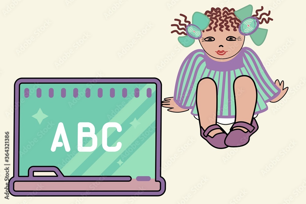 cartoon child girl in diaper in front of monitor with alphabet letters ...