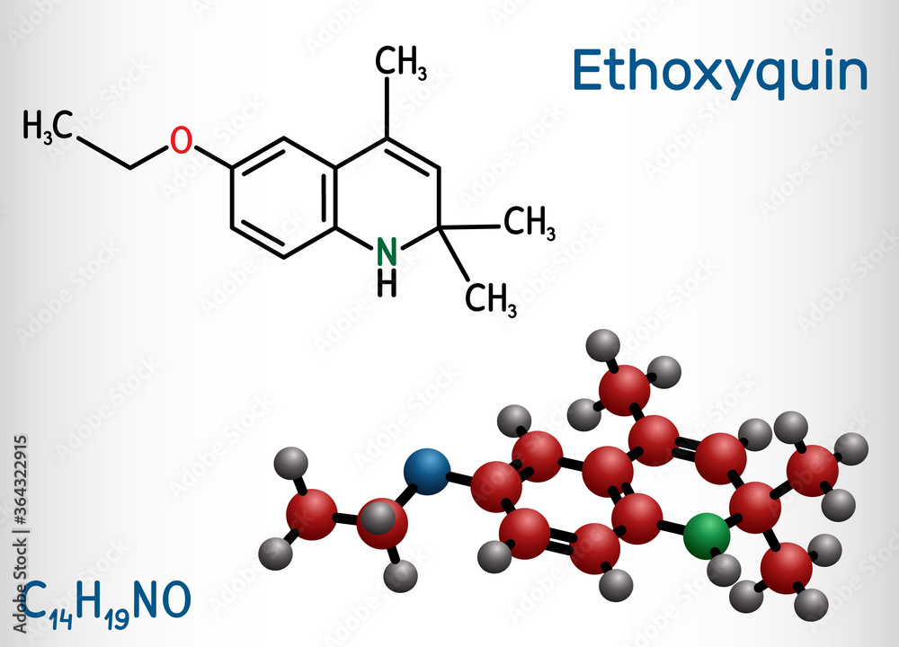 Ethoxyquin, EMQ, antioxidant E324 molecule. It is a quinoline used as a ...