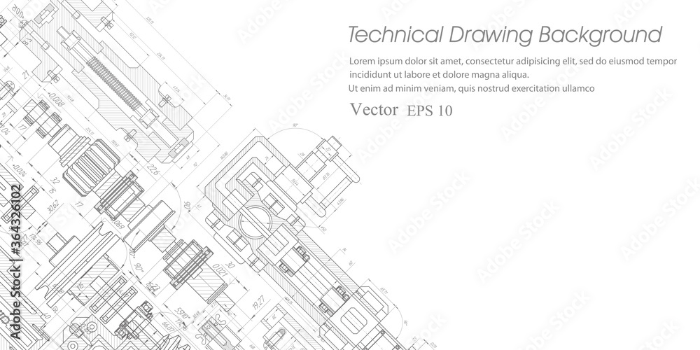 Technical drawing background . Drawing of a rotating gear mechanism ...