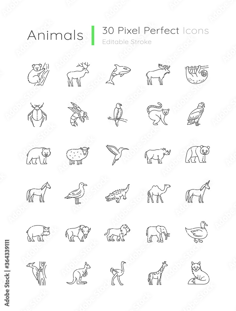 Animals pixel perfect linear icons set. Different wildlife, diverse ...